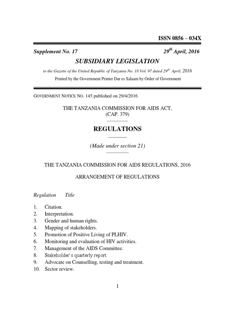 1476200608-GN 145-The Tanzania Commission For Aids Regulations, 2016 PDF | PDF | Trust Law | Trustee