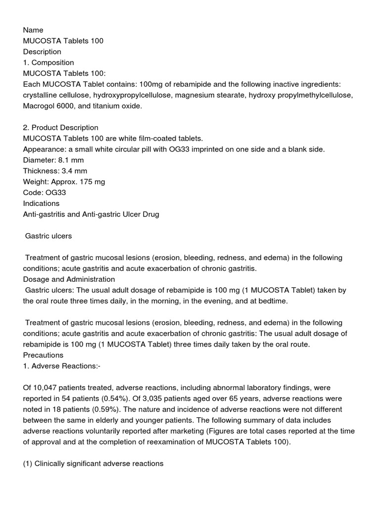 Name Mucosta Tablets 100 Description PDF | PDF | Pharmacokinetics | Drugs