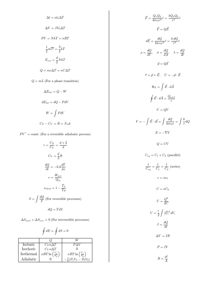 7B Final Equation Sheet | PDF | Thermodynamics | Mechanics