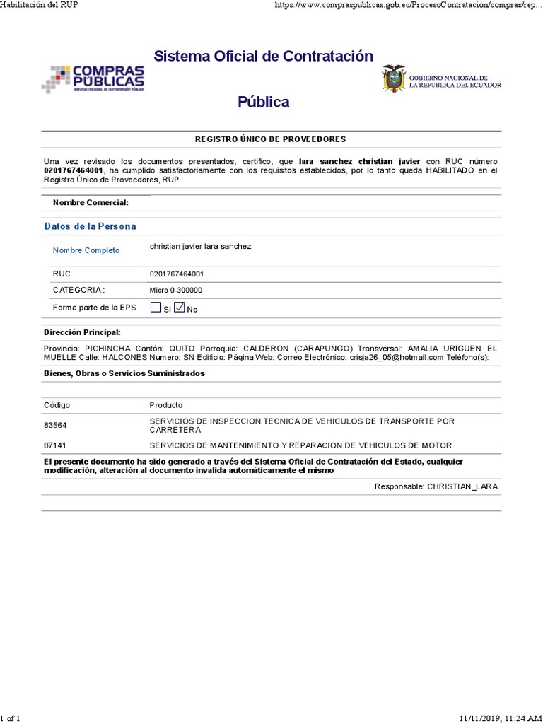 Certificado de Habilitación RUP Ecuador | PDF