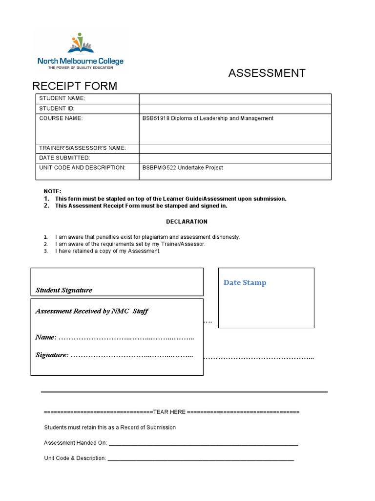 Assessment Receipt Form: Student Signature Assessment Received by NMC ...