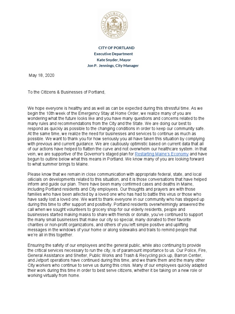 Portland Letter To Citizens & Businesses On COVID-19 Reopening Plans ...