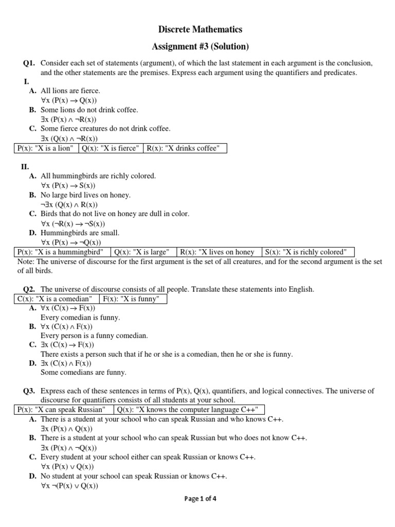 Discrete Mathematics Assignment #3 (Solution) : Page 1 of 4 | PDF | Syntax (Logic) | Truth