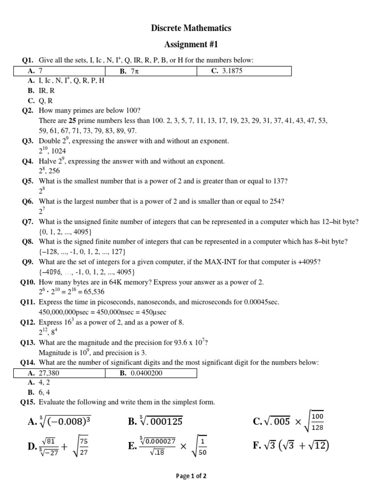 Discrete Mathematics Assignment #1: A. (B. C. D. E. F | PDF | Discrete Mathematics ...