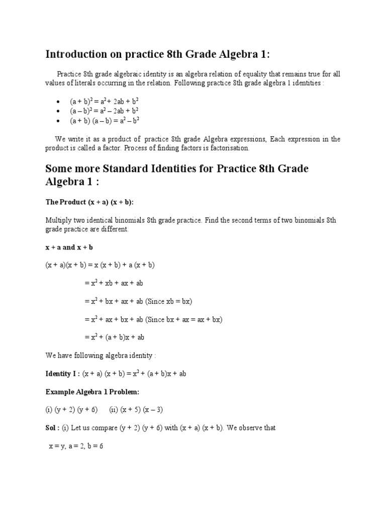 Introduction On Practice 8th Grade Algebra 1:: The Product (X + A) (X ...