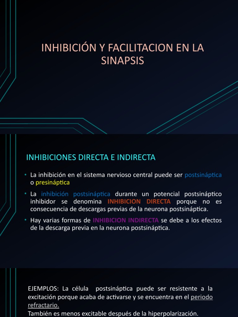Inhibición y facilitación sinápticas: mecanismos y ejemplos en el ...