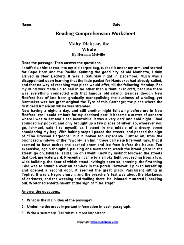 Reading Comprehension Worksheet Moby Dick Or, The Whale | PDF | Moby Dick