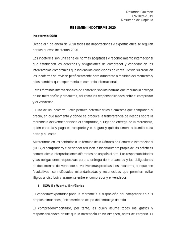 Resumen Incoterms 2020 - Roxane Guzman 091021319 | PDF | El comercio ...