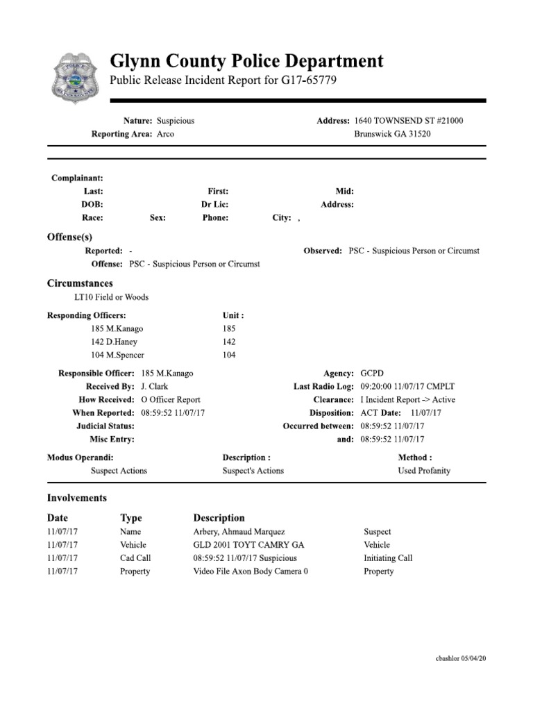 Ahmaud Arbery Police Incident Report Suspicious Vehicle | PDF