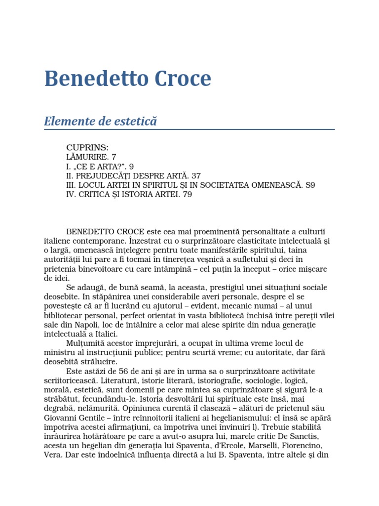Benedetto Croce - Elemente de Estetica | PDF
