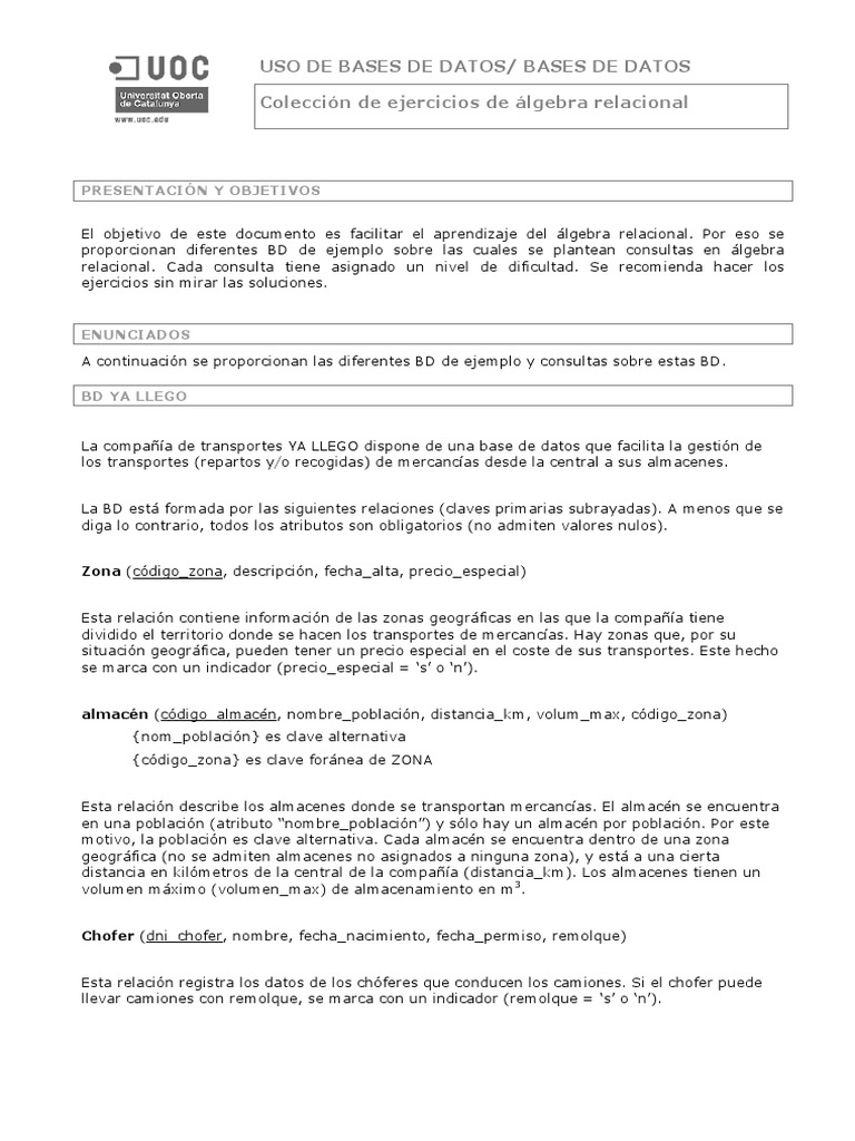 Coleccion Ejercicios Algebra Relacional | PDF | Base de datos ...