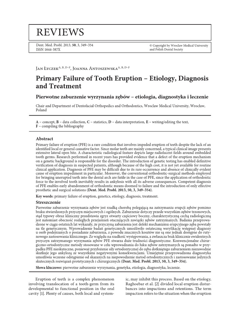 Primary Failure of Tooth Eruption - Etiology, Diagnosis | PDF