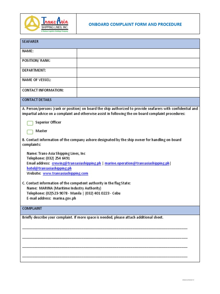 Onboard Complaint Form | PDF | Sailor | Justice