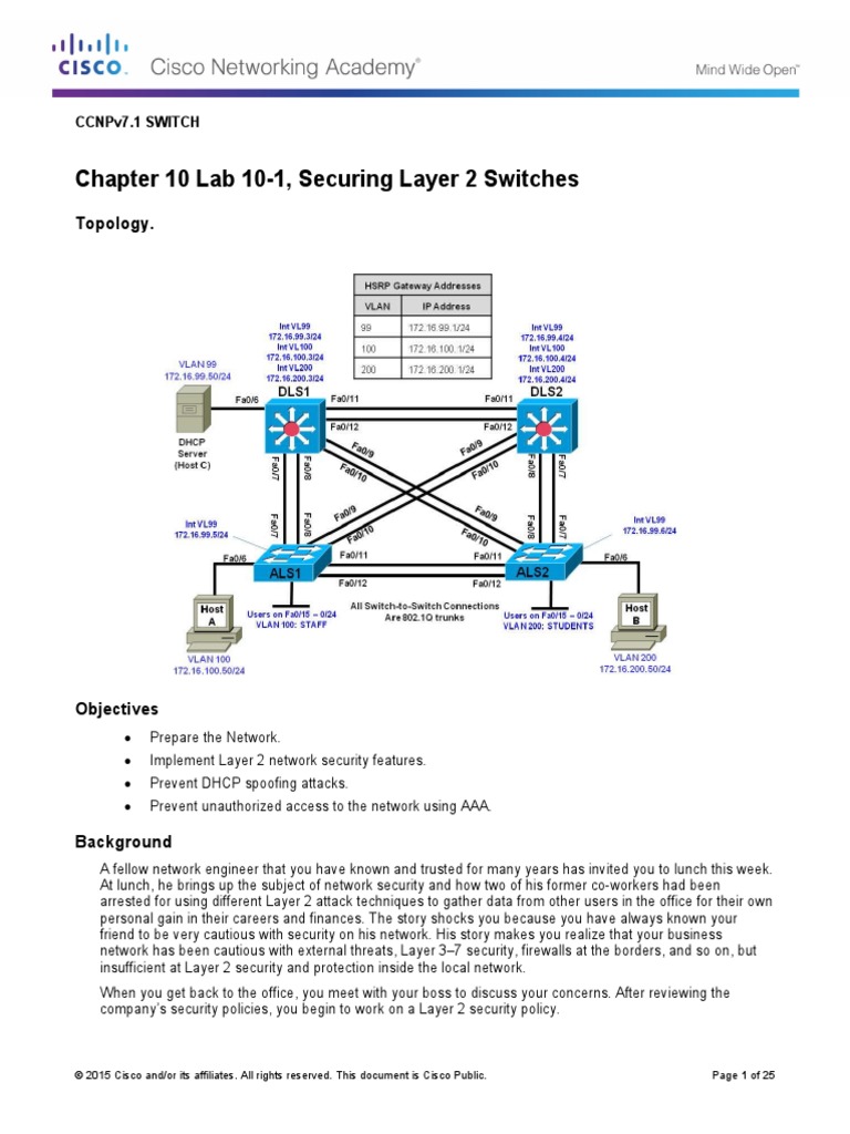 Chapter 10 Lab 10-1, Securing Layer 2 Switches: Topology | PDF | Radius | Network Switch
