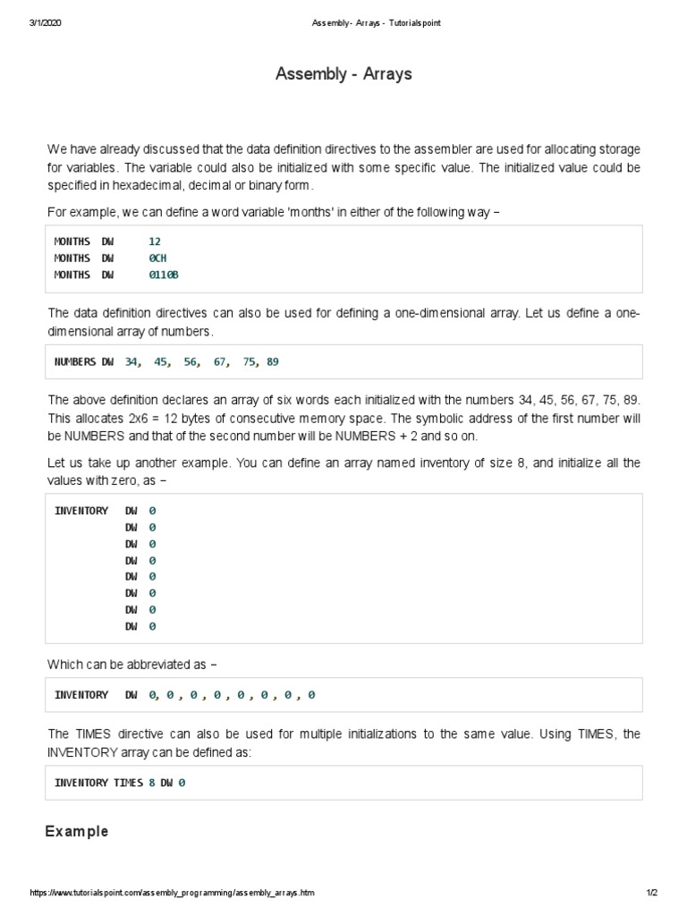 Assembly - Arrays - Tutorialspoint | PDF | Array Data Structure | Variable (Computer Science)