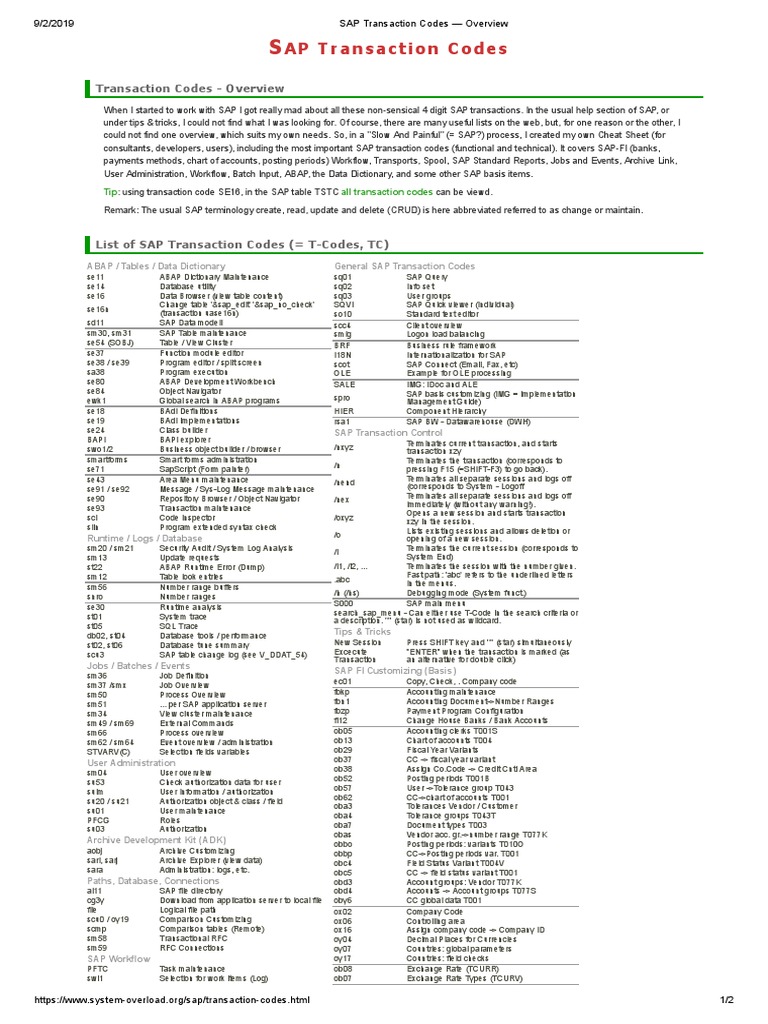 SAP Transaction Codes Overview | PDF | Database Transaction | Databases