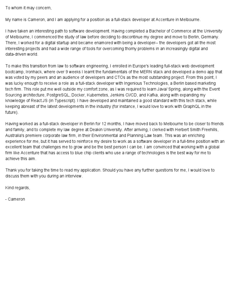 Accenture Cover Letter - 6.3.20 | PDF | Computing | Software