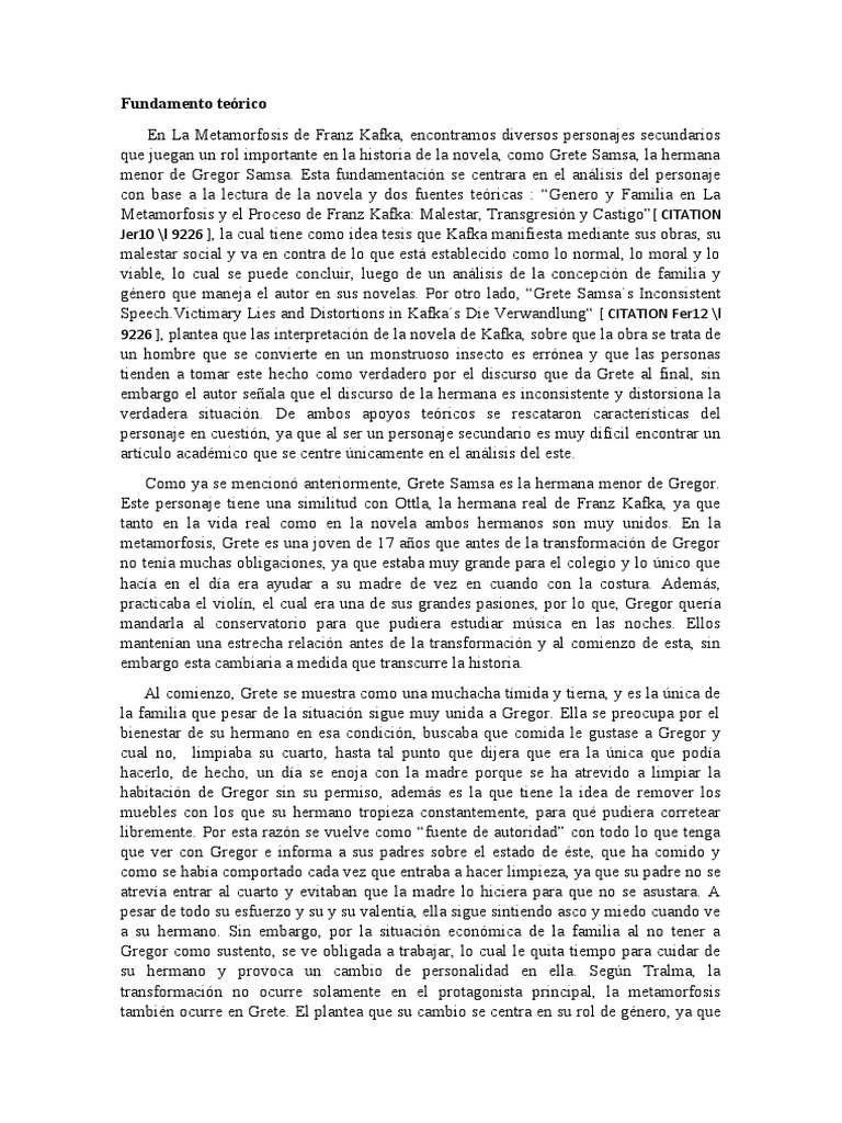 Fundamentacion Grete Samsa | PDF | La metamorfosis | Franz Kafka