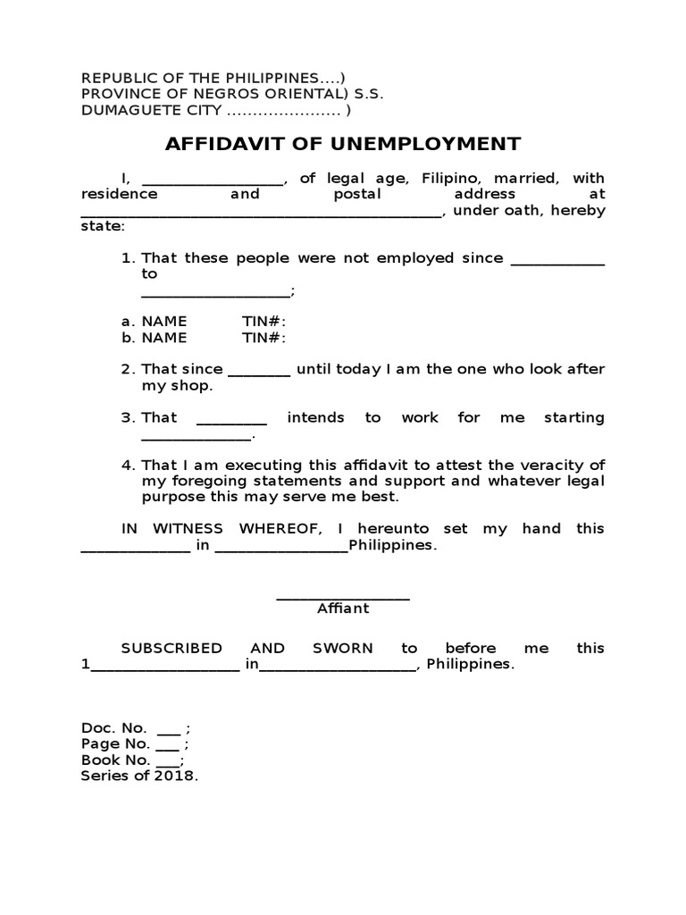 AFFIDAVIT OF UNEMPLOYMENT Sample | PDF
