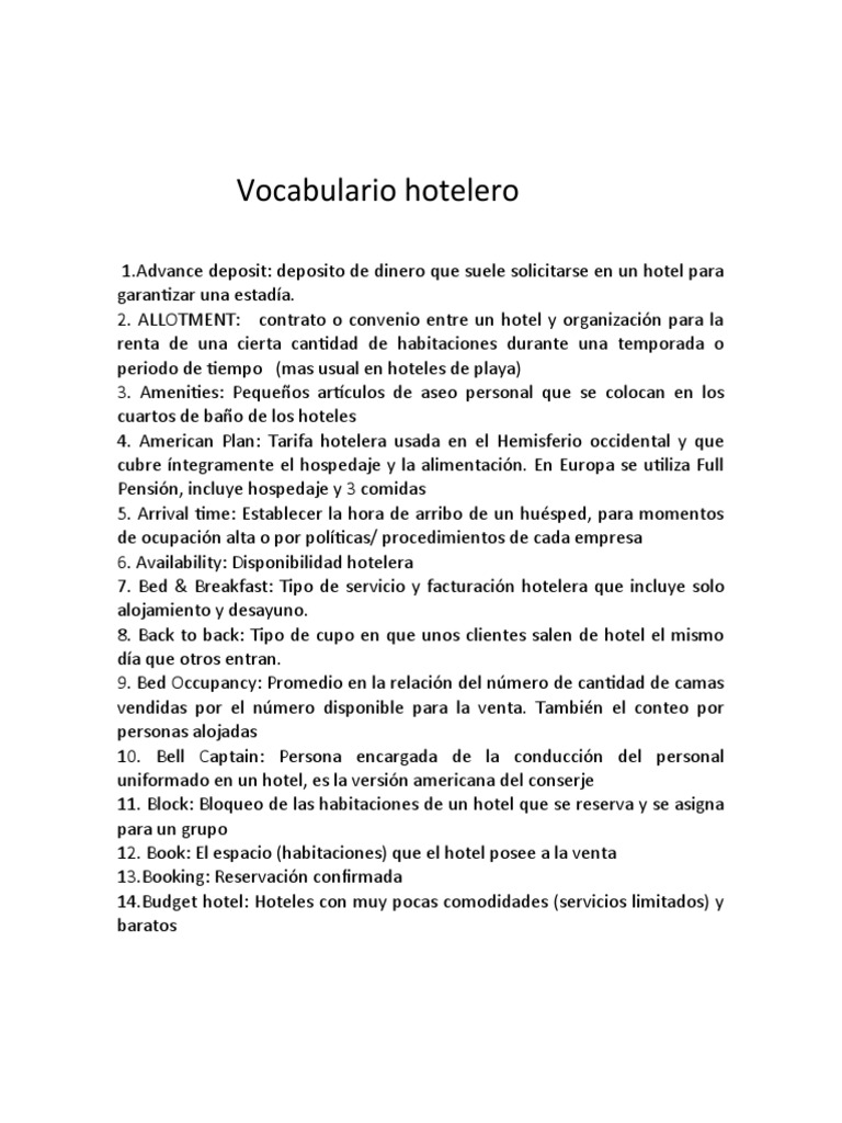 Estructura y vocabulario hotelero | PDF | Hotel | Arreglos de vivienda