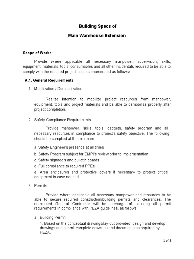 Building Specs of Main Warehouse Extension | PDF | Safety | Regulatory ...