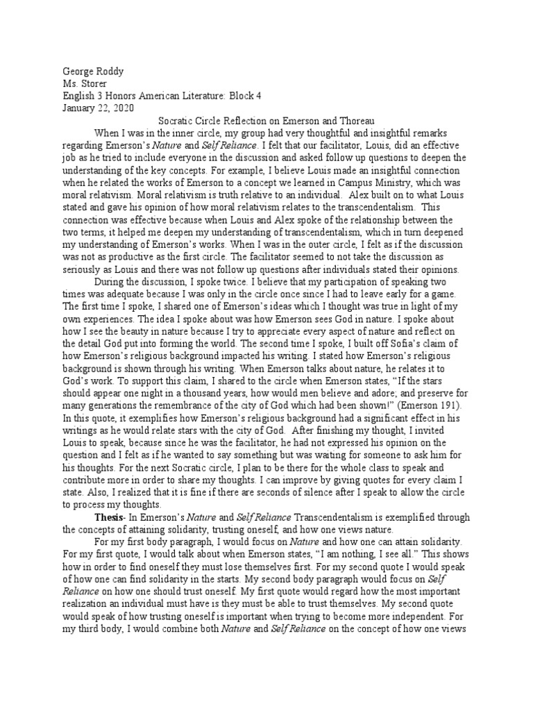 Socratic Seminar Reflection 3 | PDF | Ralph Waldo Emerson ...