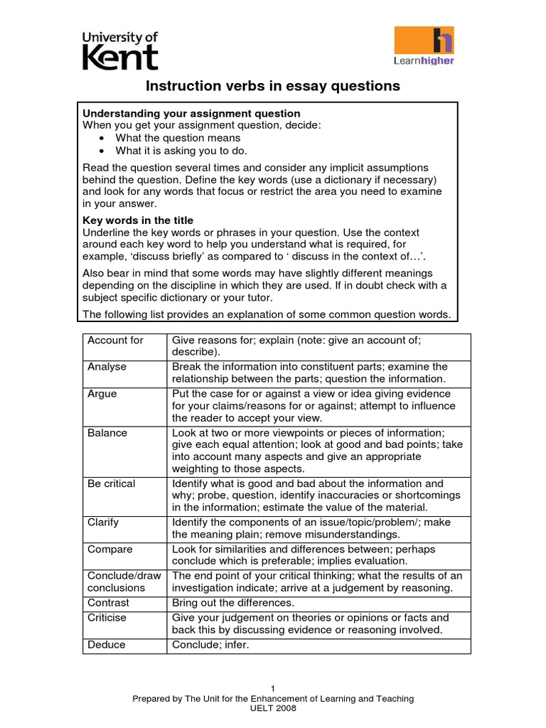 Instruction Verbs in Essay Questions: Understanding Your Assignment ...