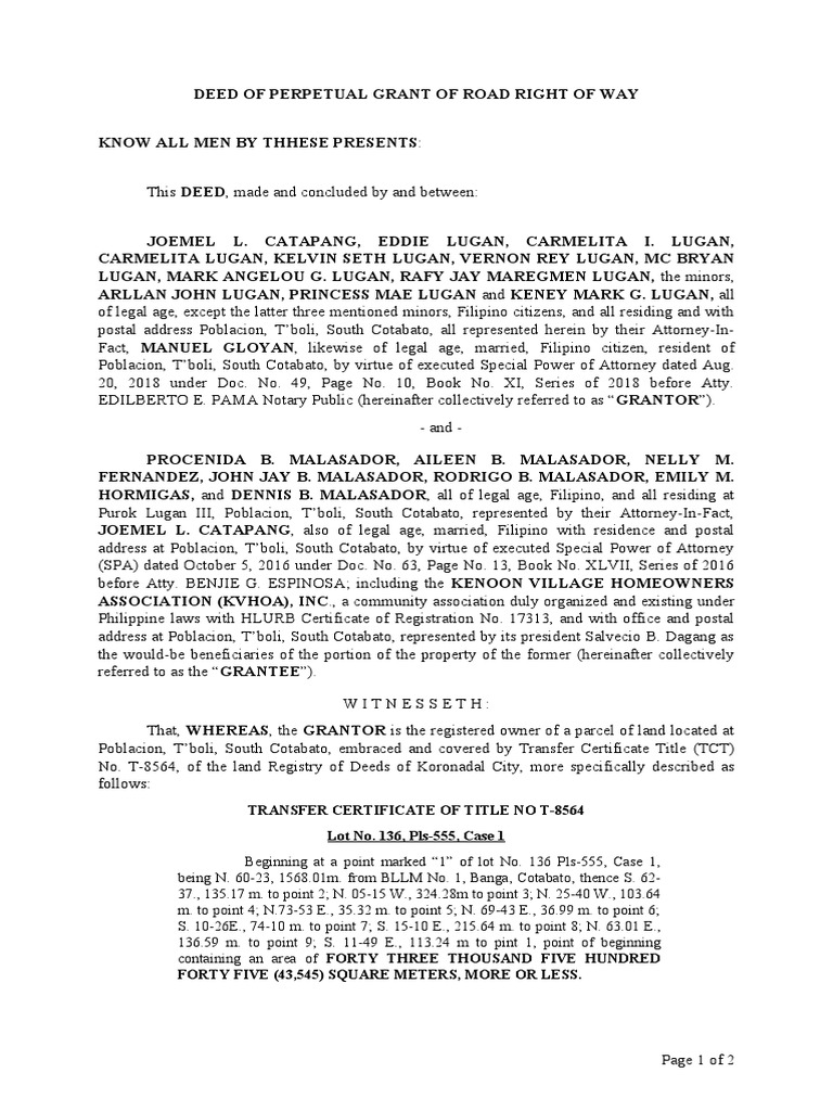 Deed of Perpetual Grant of Road Right of Way | Download Free PDF ...