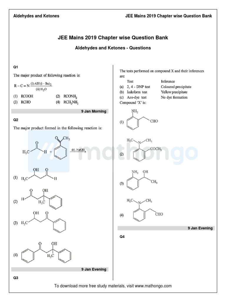 JEE Mains 2019 Chapter Wise Question Bank: Aldehydes and Ketones - Questions | PDF