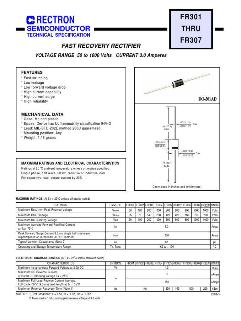 Rectron Fast Recovery Rectifiers Technical Specification | PDF | Rectifier | Capacitor