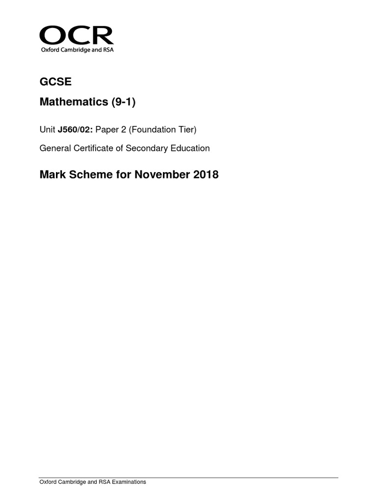 Gcse Mathematics (9-1) : Unit J560/02: Paper 2 (Foundation Tier ...