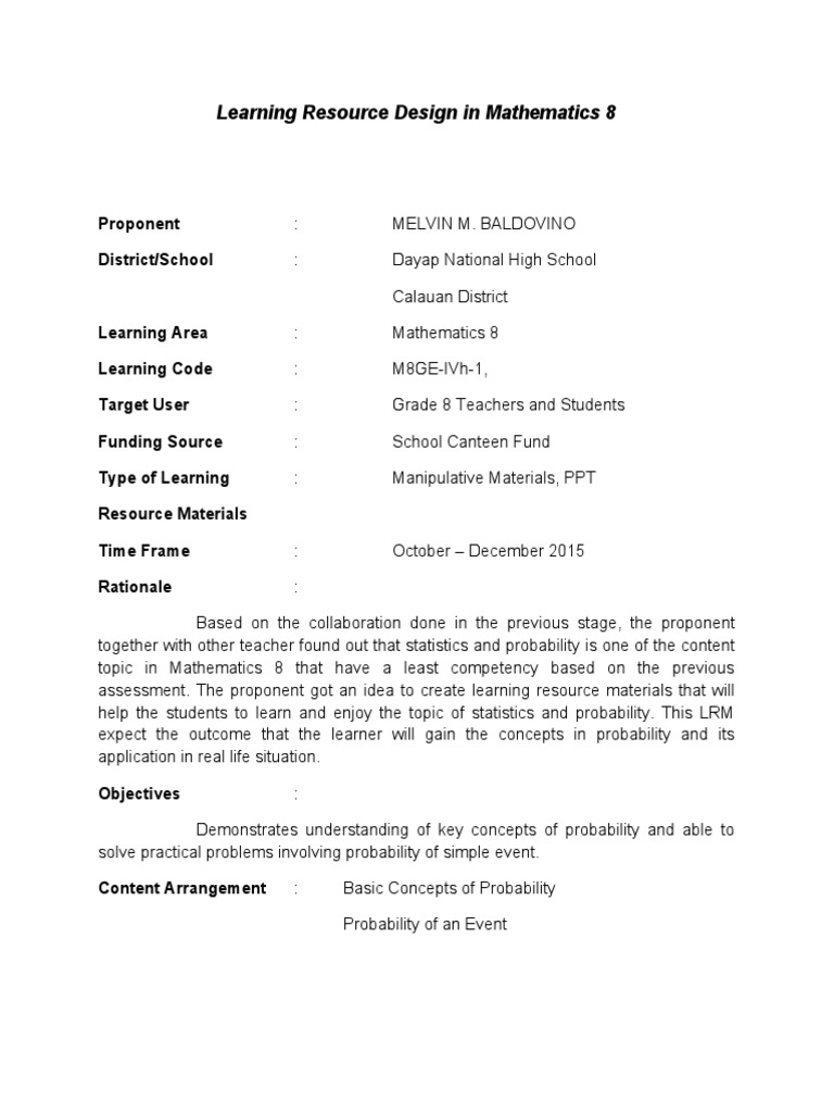 Learning Resource Design in Mathematics 8 | PDF | Career & Growth