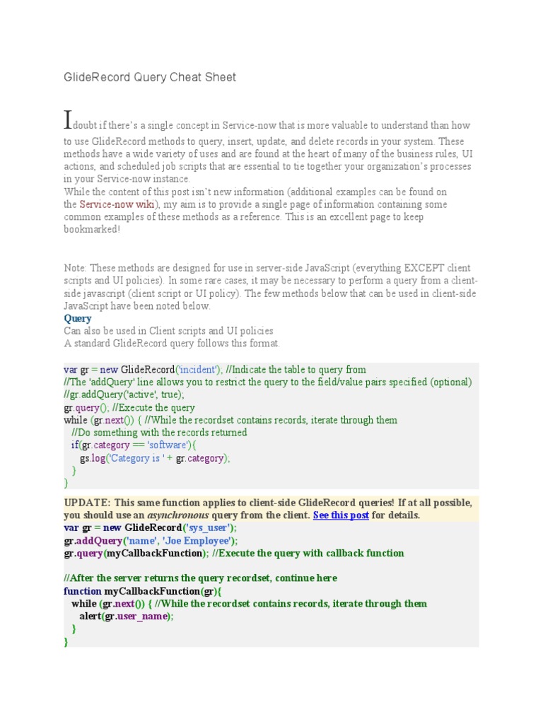 GlideRecord Query Cheat Sheet | PDF | Software Engineering ...