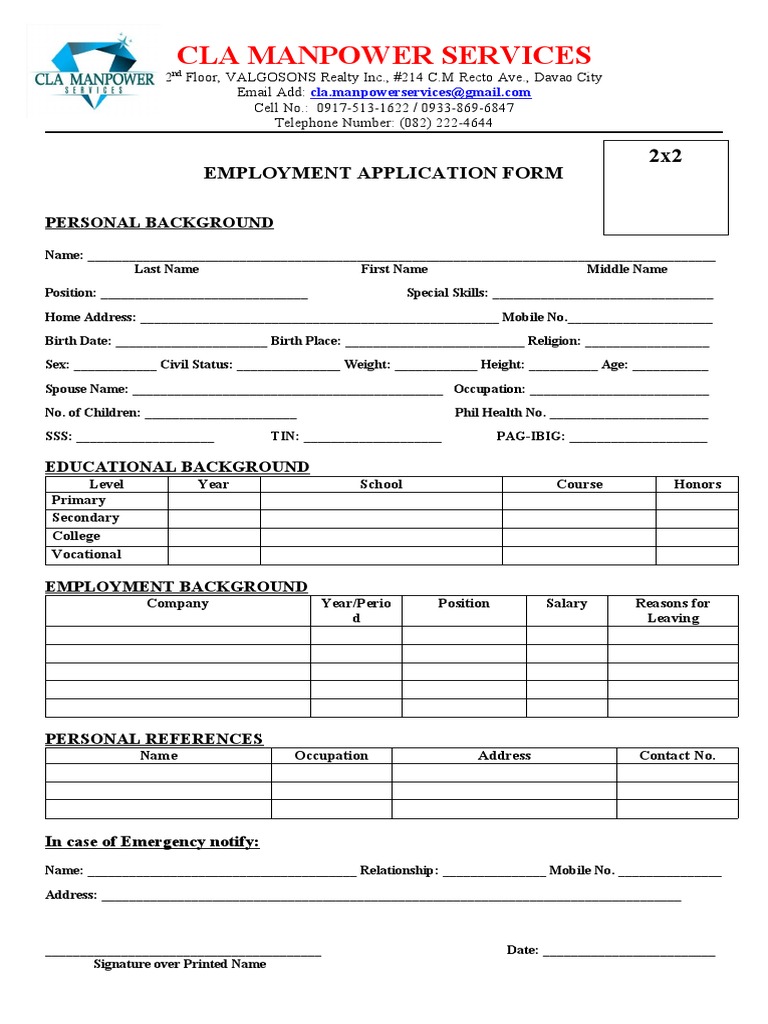 Cla Manpower Services: Employment Application Form | PDF