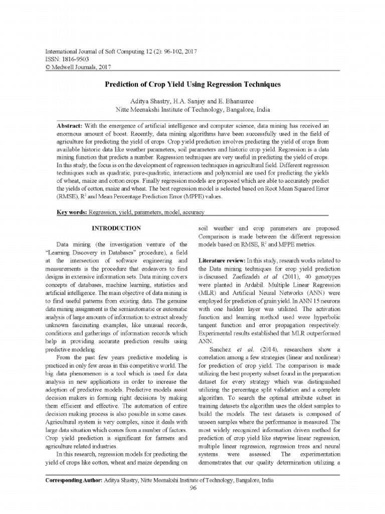 Prediction of Crop Yield Using Regression | PDF