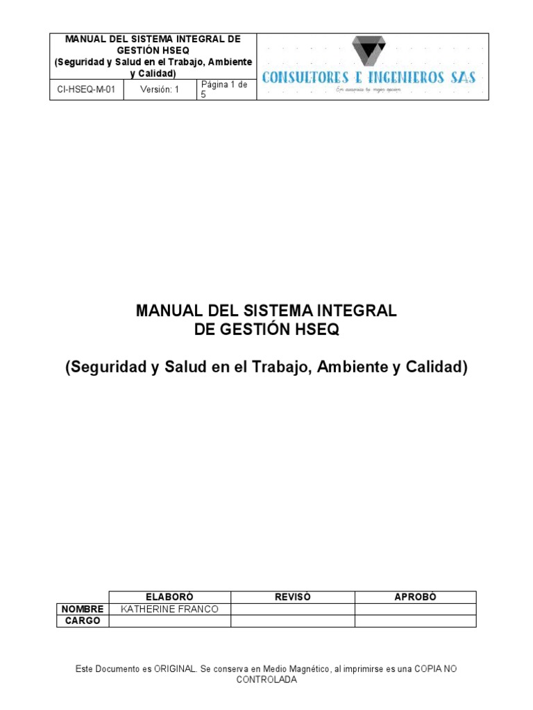 Ci Hseq M 01 Manual Del Sistema Integral De Gestion Pdf Calidad