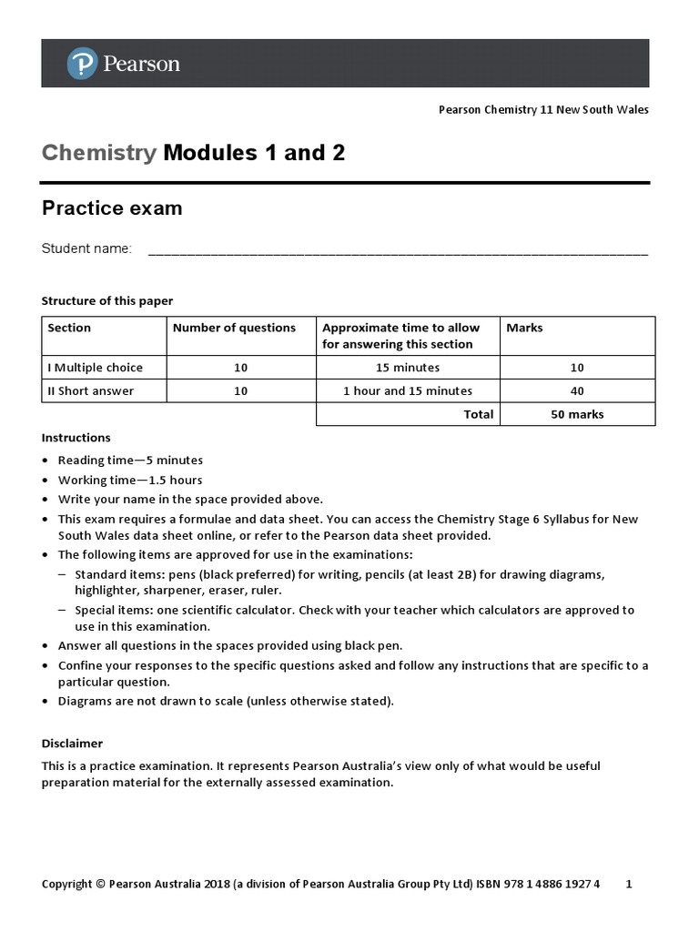 Pearson Chemistry 11 - Modules 1 and 2 Practice Exam | PDF | Periodic ...