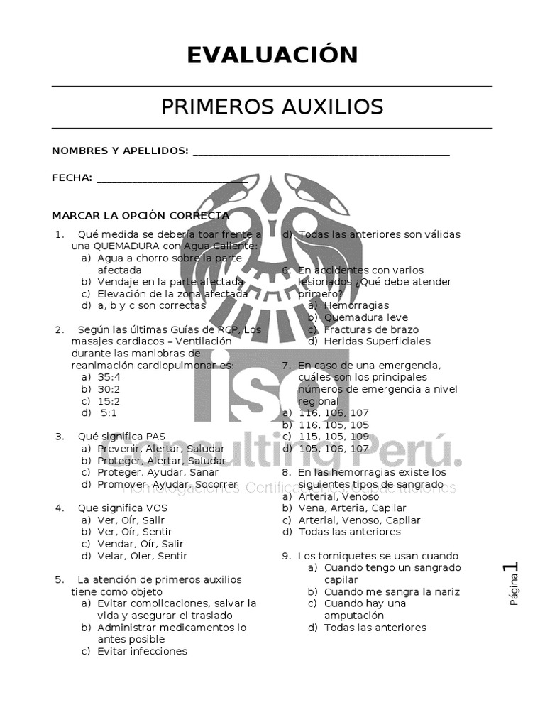Evaluación - Primeros Auxilios | PDF | Primeros auxilios | Reanimación cardiopulmonar