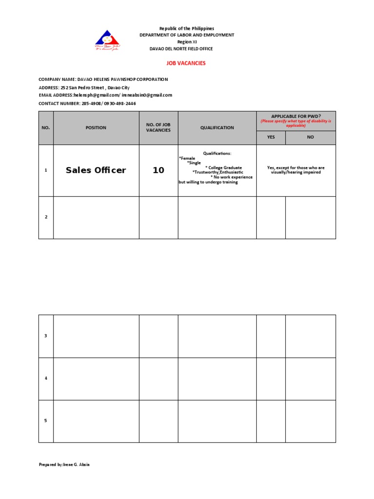 JOB VACANCIES TEMPLATE Sample | PDF
