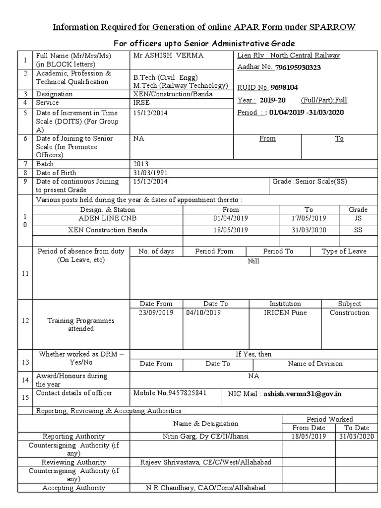 Information Required For Generation of Online APAR Form Under SPARROW ...
