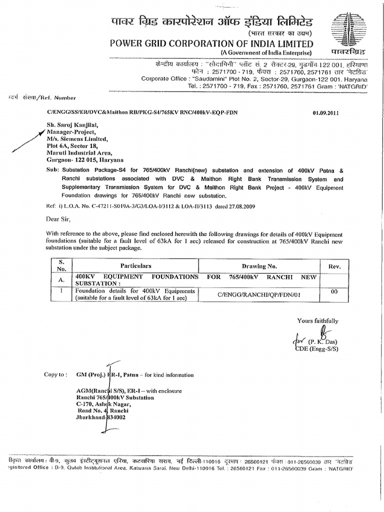 PGCIL Letter - Foundation Drawing For 400kV Equipments | PDF