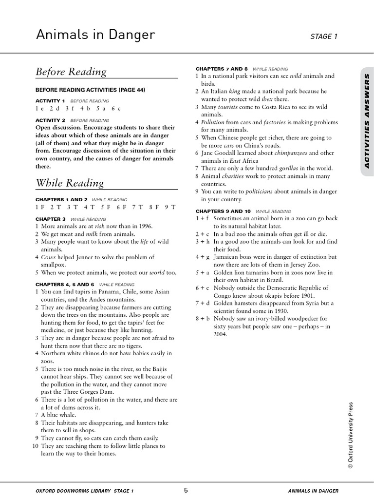 Animals in Danger Oxford Answer Key | PDF | Zoo | Organisms