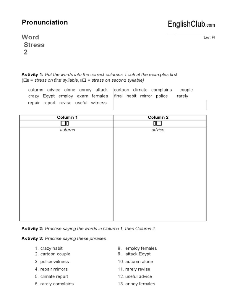 Pronunciation Word Stress | PDF | Foreign Language Studies