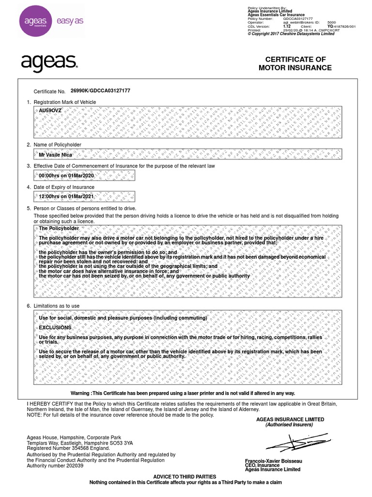 Certificate of Motor Insurance: Ageas Insurance Limited Ageas ...