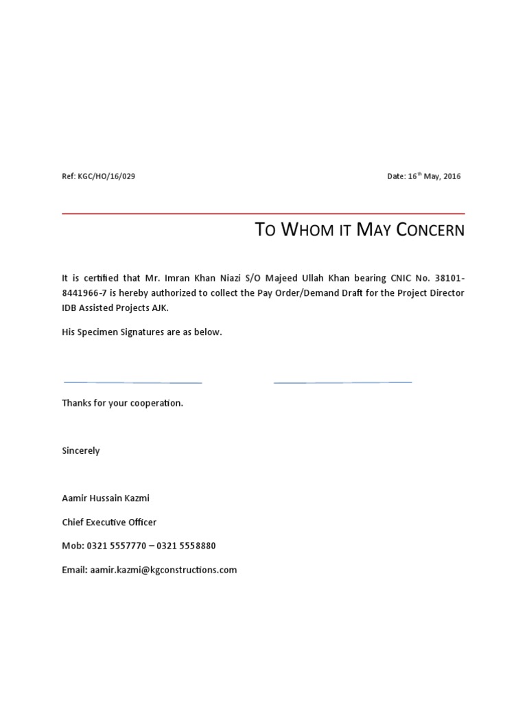 Authority Letter Sample for Pakistan | PDF