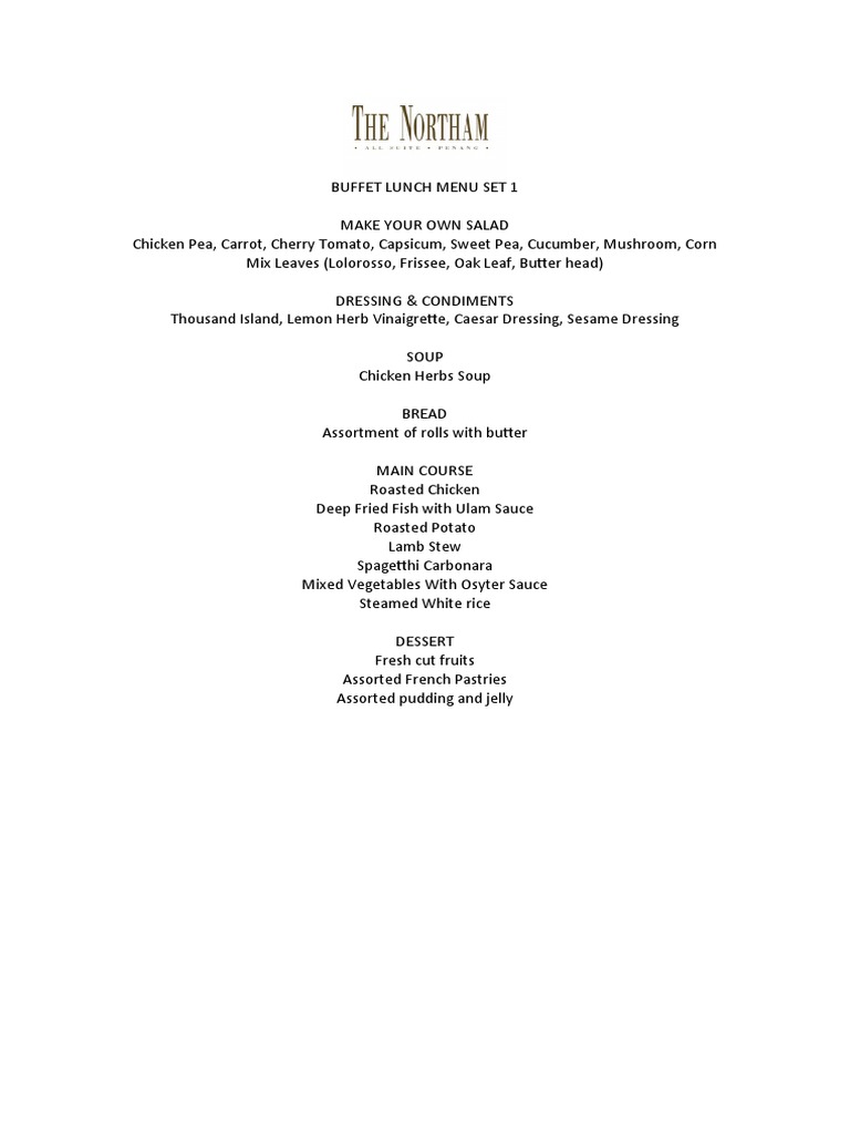 Buffet Lunch Menu Set 1 | PDF | Cooking, Food & Wine