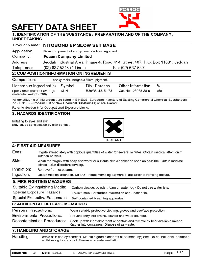 Safety Data Sheet for Nitobond EP Slow Set Base Epoxy Concrete Bonding ...
