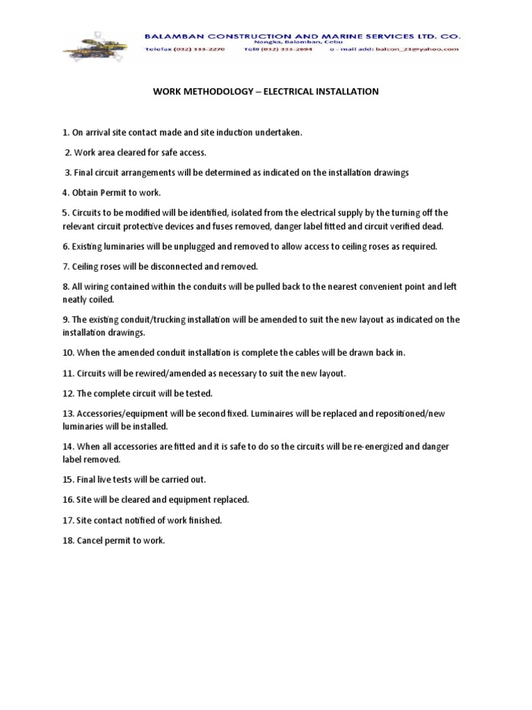 Work Methodology - Electrical Installation | PDF