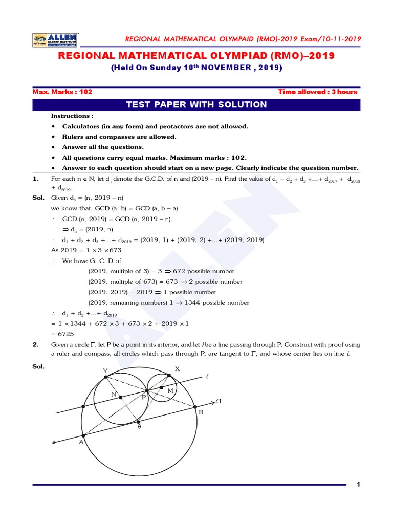 Regional Mathematical Olympiad (Rmo) - 2019: Test Paper With Solution ...