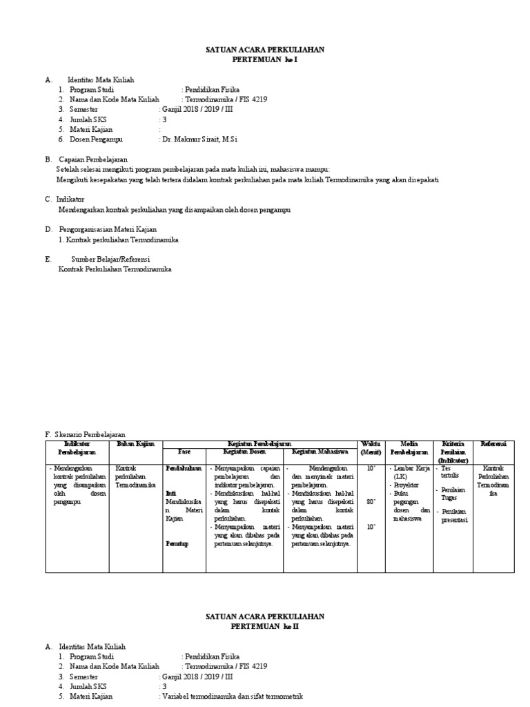 Rencana Pembelajaran Termodinamika FIS 4219 | PDF